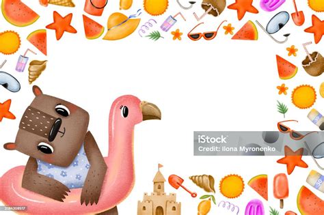 곰과 플라밍고가 떠 있는 수평 여름 테두리 프레임 여름 손으로 그린 카드 휴일 해변 여행 해변 여름 액세서리 칵테일 아이스크림 및 이국적인 과일 만화 그리기 가공의 인물에