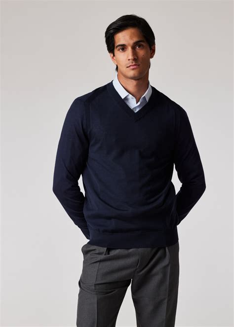 Mens Navy Merino V Neck Sweater