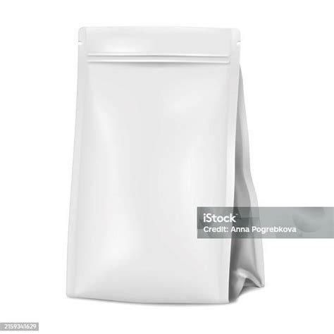 플랫 핀치 바닥 지퍼 비닐 봉투 사실적인 벡터 모형 지퍼 잠금 장치 및 찢어진 노치가 있는 빈 흰색 거싯 파우치 포장 모형 디자인용 템플릿 3차원 형태에 대한 스톡 벡터