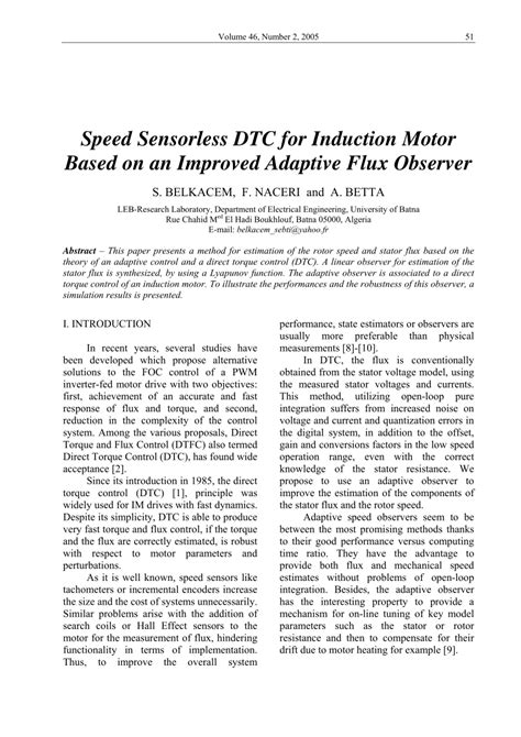 Pdf Speed Sensorless Dtc Of Induction Motor Based On An Improved Adaptive Flux Observer