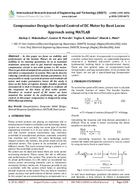 Pdf Compensator Design For Speed Control Of Dc Motor By Root Locus Approach Using Matlab