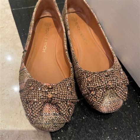 Tory Burch Shoes Tory Burch Crystal Bow Pink Tweed Ballet Flats In Rose Gold Broze Poshmark