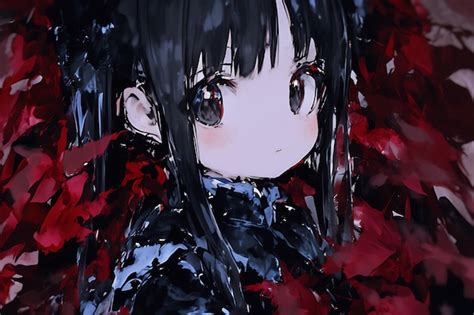 Anime Girl With Black Hair And Red Eyes Surrounded By Red Flowers