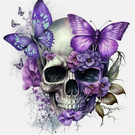 Premium Photo A Skull With Purple Butterflies And Flowers On It