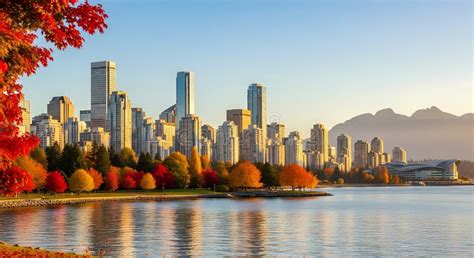 Vancouver Skyline And Stanley Park In Autumn At Sunset Stock