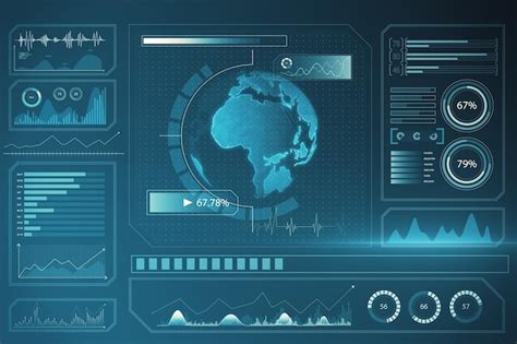 글로브 및 차트 스파이 Hud 및 세계 개념 3d 렌더링 추상 빛나는 디지털 비즈니스 화면 인터페이스 배경 프리미엄 사진