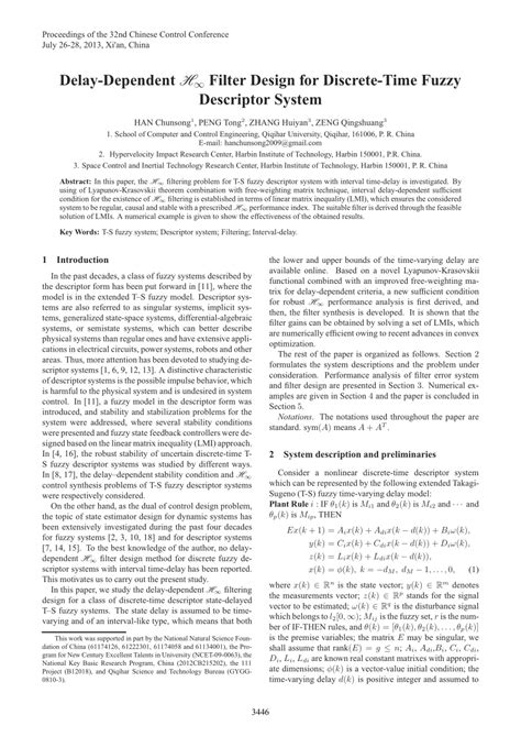 Pdf Delay Dependent H∞ Filter Design For Discrete Time Fuzzy Descriptor System
