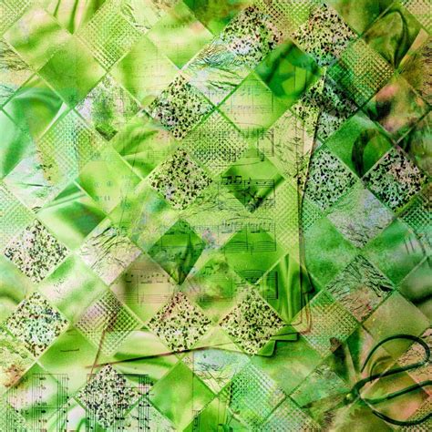 A Green Patchwork Quilted Background Showing Square Pattern Designs Stock Illustration