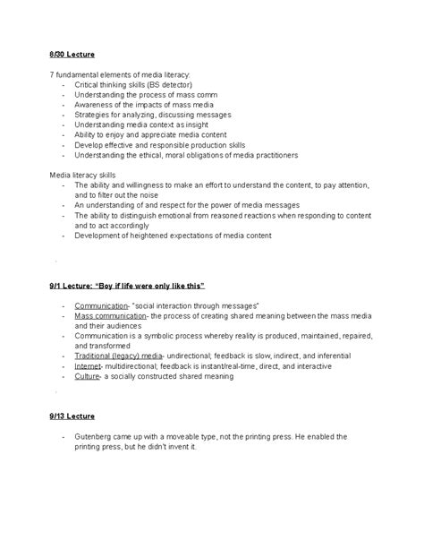 Mass Comm Lecture Notes 830 Lecture 7 Fundamental Elements Of Media Literacy Critical