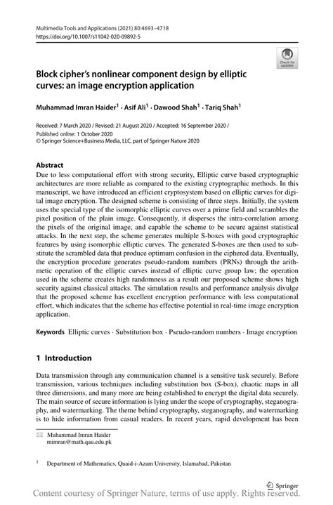 Block Ciphers Nonlinear Component Design By Elliptic Curves An Image Encryption Application