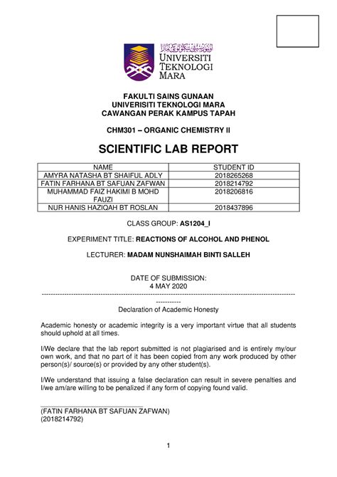 CHM 301 LAB Report Experiment 1 Reaction FAKULTI SAINS GUNAAN UNIVERISITI TEKNOLOGI MARA
