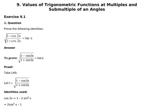 values of trigonometric functions at multiples and submultiple of an