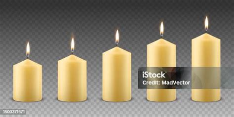 벡터 3d 현실적인 노란색 주황색 파라핀 왁스 불타는 파티 스파 촛불 세트 촛불의 불꽃 격리 다른 크기 컬렉션 디자인 템플릿