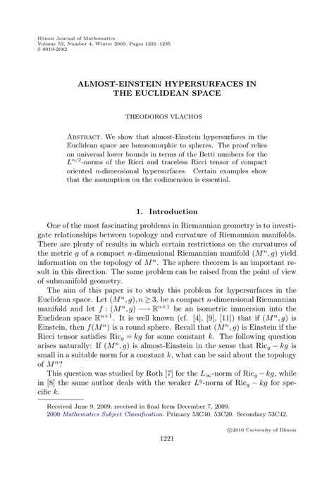 Pdf Almost Einstein Hypersurfaces In The Euclidean Space