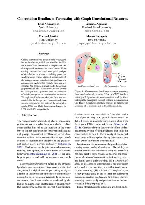 Pdf Conversation Derailment Forecasting With Graph Convolutional Networks