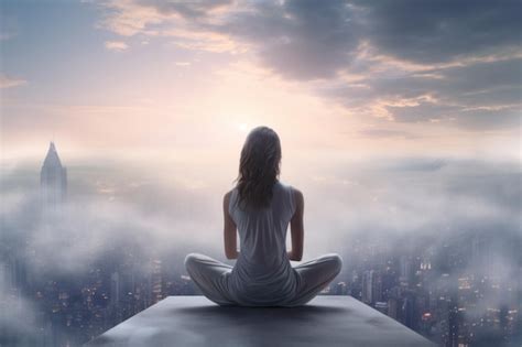 Premium Ai Image Serene Woman Meditating Midair In A Futuristic City Generative Ai