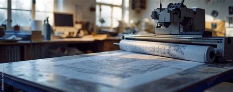 Professional Large Format Plotter At An Engineering Office Printing Design Blueprints As Wide