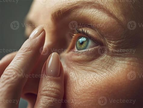 Macro Close Up Of Woman Touching Eye Area With Natural Wrinkles And