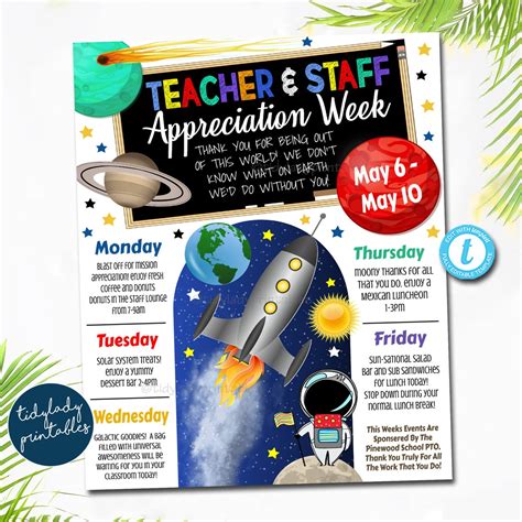Space Theme Teacher Appreciation Week Itinerary Poster Editable