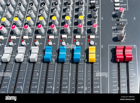 Close Up Photo Of A Professional Sound Mixer With Many Adjustments Knob Switches And Buttons Of