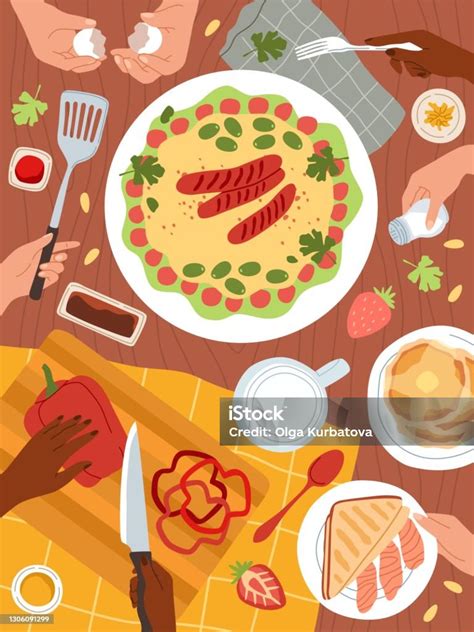 음식을 요리 요리 준비 레스토랑 재료 주방 용품 및 칼붙이 야채 슬라이스 건강한 식사 메뉴와 손 플레이트 벡터 일러스트레이션으로