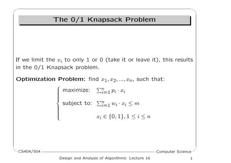 Knapsack Dynamic Lecture Notes The Knapsack ProblemThe Knapsack Problem If We