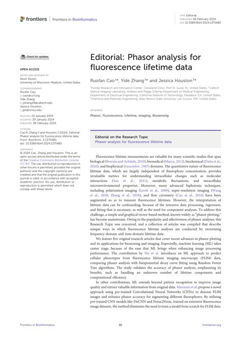 Pdf Editorial Phasor Analysis For Fluorescence Lifetime Data