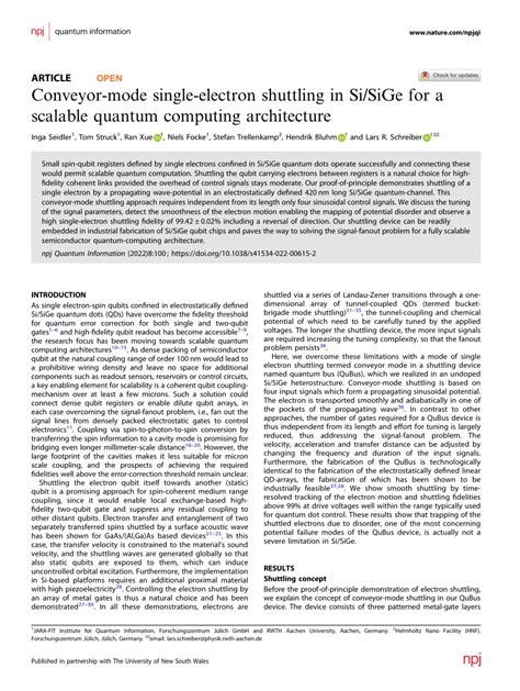 Pdf Conveyor Mode Single Electron Shuttling In Sisige For A Scalable Quantum Computing