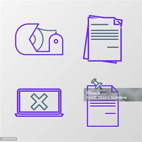 고정된 푸시 버튼이 있는 라인 노트 용지 노트북 및 십자 표시 화면 파일 문서 및 스카치 아이콘을 설정합니다 벡터 개념에 대한