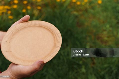 친환경 천연 접시 녹색 잔디 배경에 손에 일회용 생태 기구의 집합입니다 지구의 지속 가능성 플라스틱을 사용하지 마십시오 대나무와