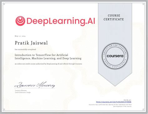 earned tensorflow certificate from deeplearning ai pratik jaiswal