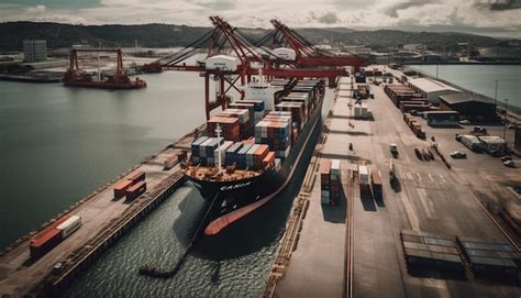 Free Photo Container Ship Unloading At Commercial Dock At Dusk Generated By AI