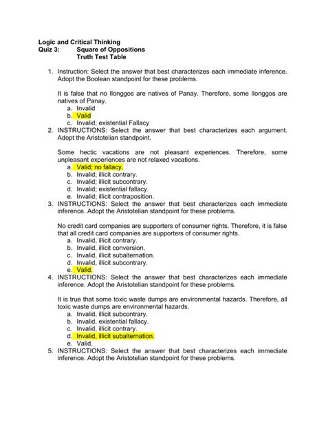 Logic Quiz Square Of Oppositions Truth Tables