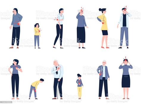 사람들은 통증과 경련을 겪습니다 허리 목 근육질 노동자의 고통스러운 상태 질병 감염 최근 질병 남자 여자 벡터 세트 여자에 대한