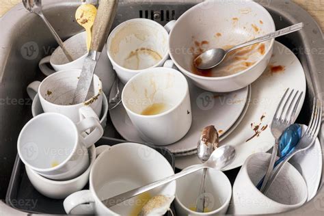 Pile Of Unwashed Dirty Dishes In The Sink Mess In The Kitchen Dirty