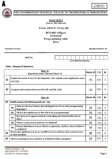 Bcs 403 Oop With Java Quiz Btech Iv Cs 4a Practice Paper Studocu