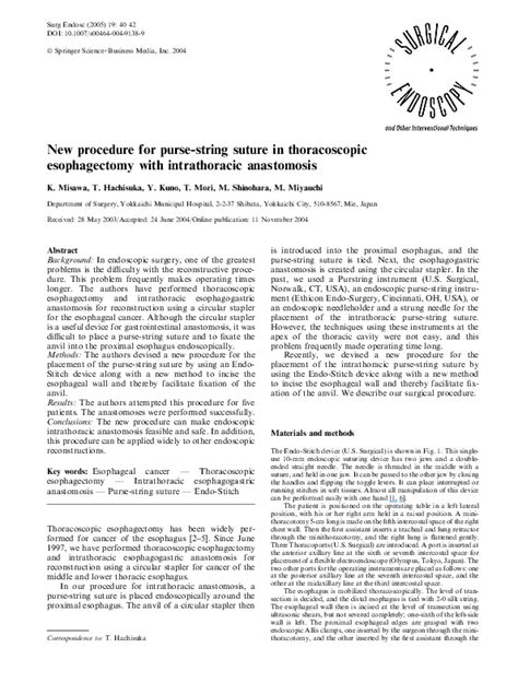 Pdf New Procedure For Purse String Suture In Thoracoscopic Esophagectomy With Intrathoracic