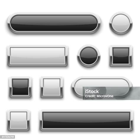 흰색과 검은색 3d 기술 반짝이 은색 크롬 금속 프레임 단추 벡터 세트 0명에 대한 스톡 벡터 아트 및 기타 이미지 0명