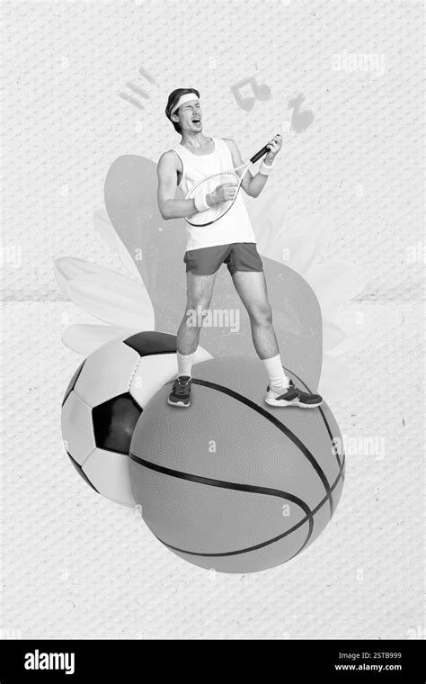 Exclusive Magazine Picture Sketch Collage Image Of Funny Guy Playing Racket Guitar Walking Balls