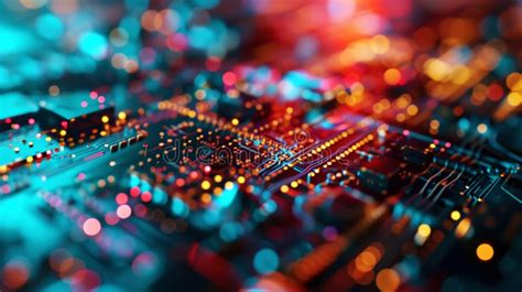 Technology Digital Binary Data On Microchip With Glow Circuit Board Digitalization Of Neural