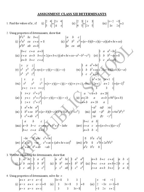 Xii Determinants Assignment Pdf System Of Linear Equations Algorithms