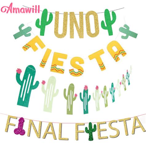 Amawill 골드 축제 글자 녹색 선인장 배너 타코 바 종이 번팅 파이널 축제 가랜드 독신 파티 장식 7d 파이널 피스타 갈런드banners Streamers