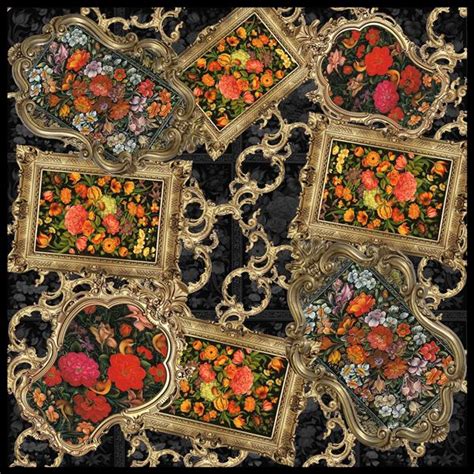 طرح روسری زیبا قابهای طلایی و گلهای قدیمی داخل قاب روی بک گراند مشکی