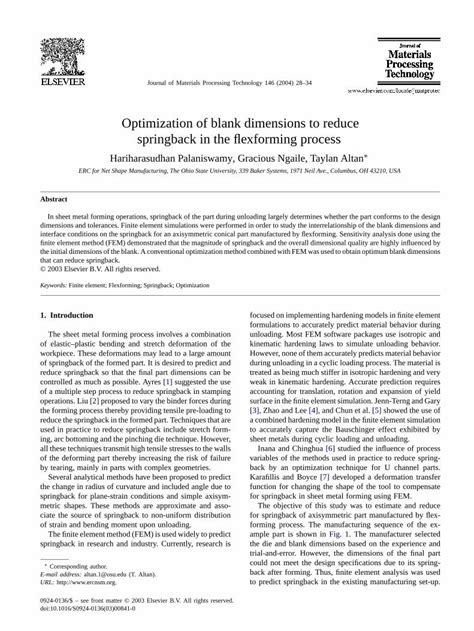 Pdf Optimization Of Blank Dimensions To Reduce Springback In The
