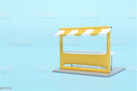 3d 노란색 흰색 부스 상점 아이콘 또는 파란색 배경에 격리된 줄무늬 차양이 있는 빈 소매점 전면 스타트업 프랜차이즈 사업 개념 3d 렌더링 일러스트레이션 클리핑 경로 0