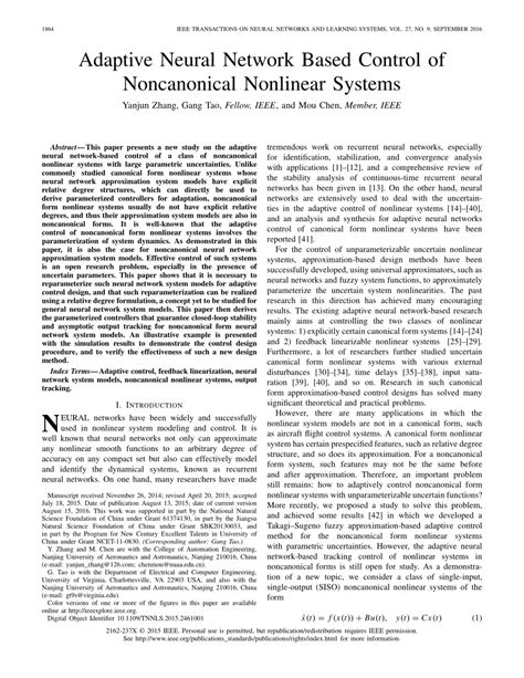PDF Adaptive Neural Network Based Control Of Noncanonical Nonlinear Systems
