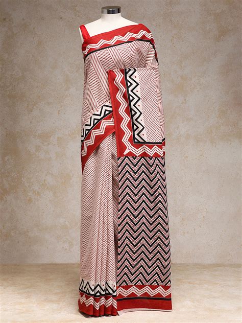 Shop Red Handblock Printed Chevron Zigzag Dotted Mulmul Saree Binks
