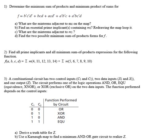 solved 1 determine the minimum sum of products and minimum