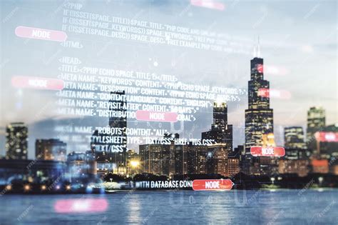 Premium Photo Abstract Virtual Coding Concept On Chicago Skyline Background Multiexposure