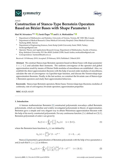 Pdf Construction Of Stancu Type Bernstein Operators Based On Bézier Bases With Shape Parameter λ